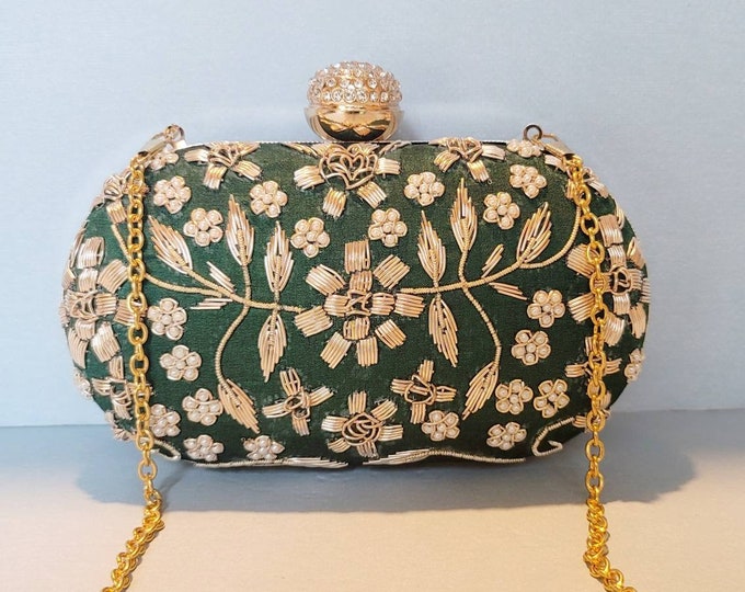 Green Floral Beaded Clutch, Party Purse, Indian Pakistani Clutch ...