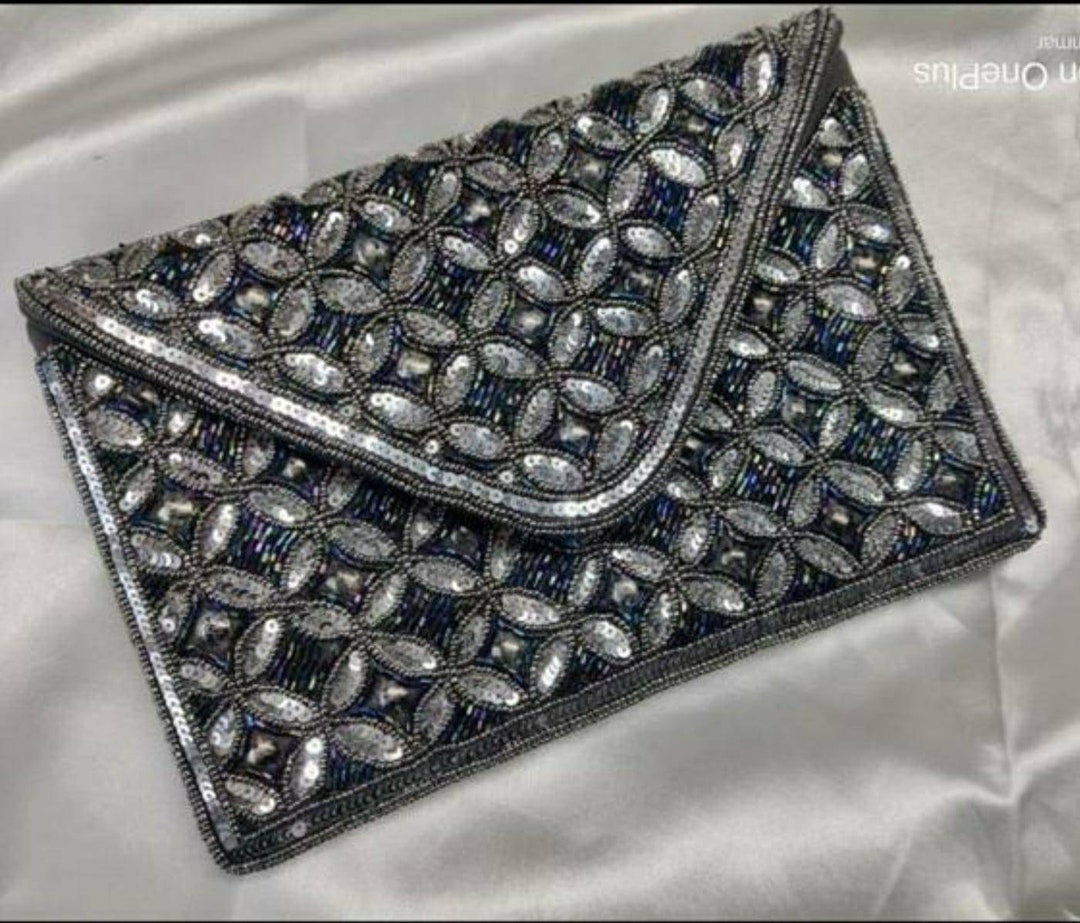 Silver Party Purse, Black Silver Pewter Clutch, Handmade Beaded Sequins ...