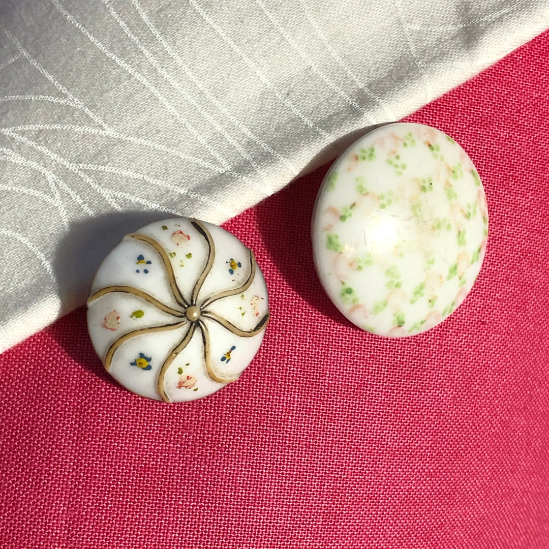 0909-LK - Two Antique White Glass Buttons, Paint & Luster DF, 4-way ...