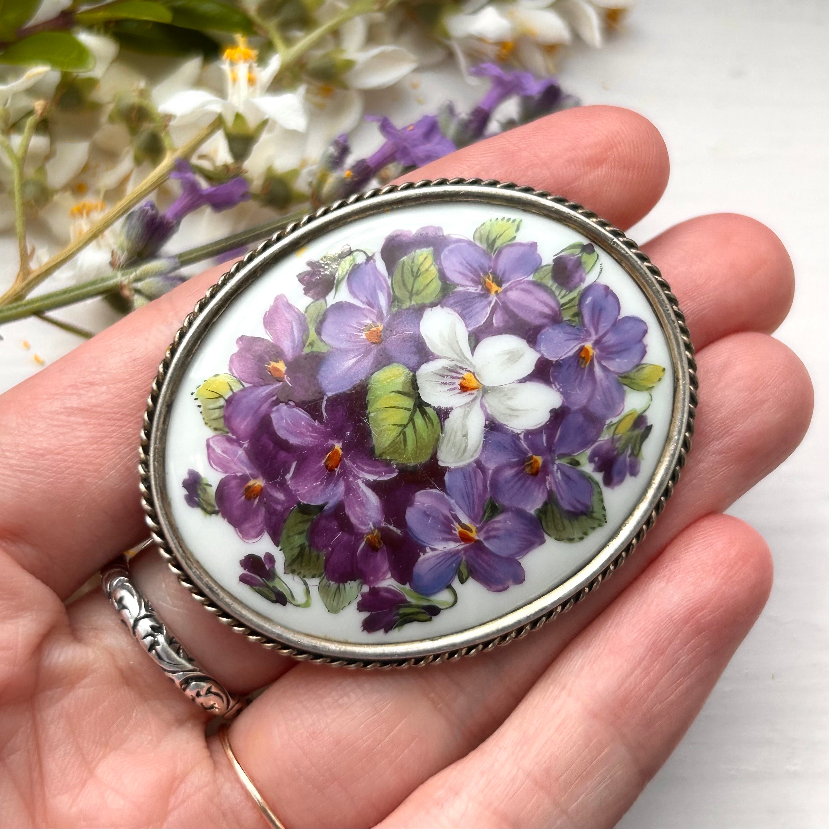 Antique Big Silver Porcelain Flower Brooch, Hand Painted, 19th Century ...