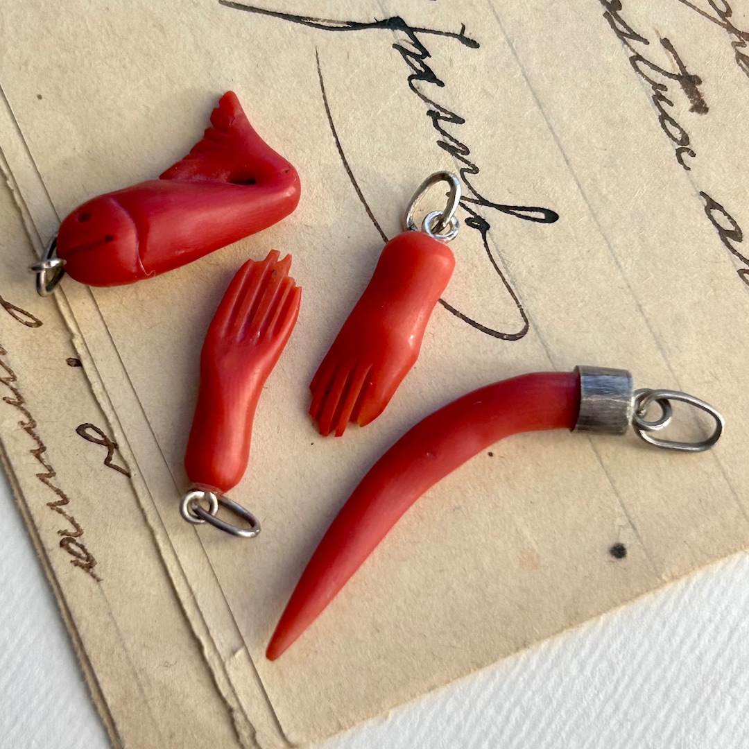 Antique Coral Horn, Hand and Fish Charms, Genuine Coral, Rare ...