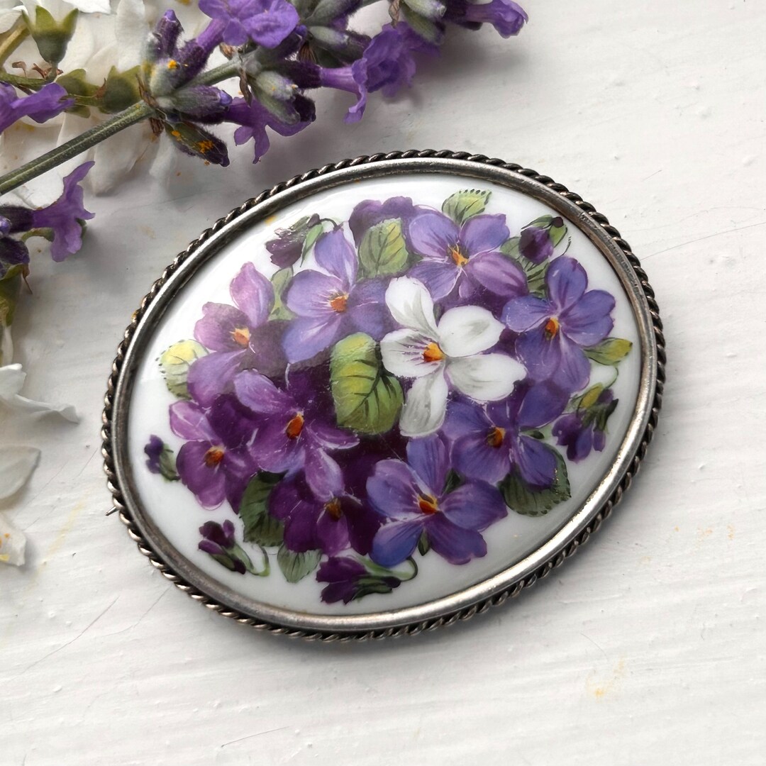 Antique Big Silver Porcelain Flower Brooch, Hand Painted, 19th Century ...