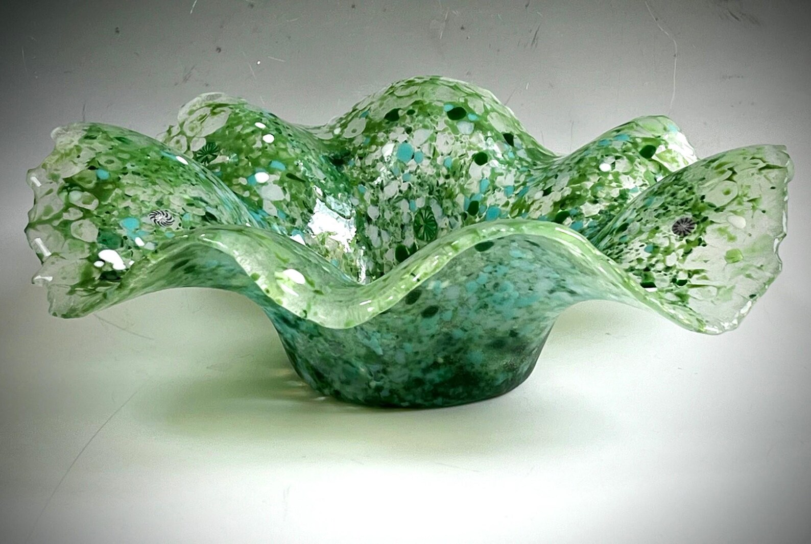 Organic-shaped Green Glass Speckled Bowl, Unique Piece, Table Centre or ...