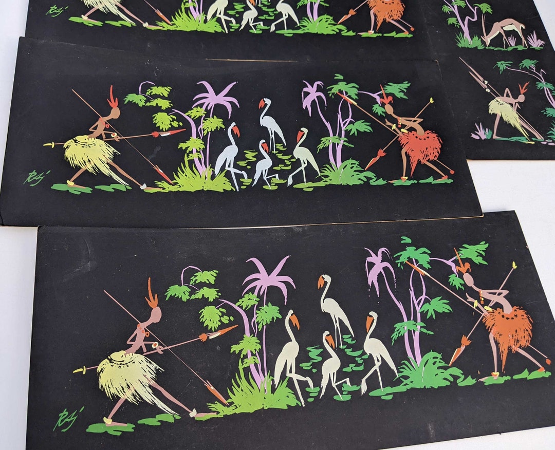 Vintage Set of African Tribal Art Panels, Gouache on Board, Hunting ...