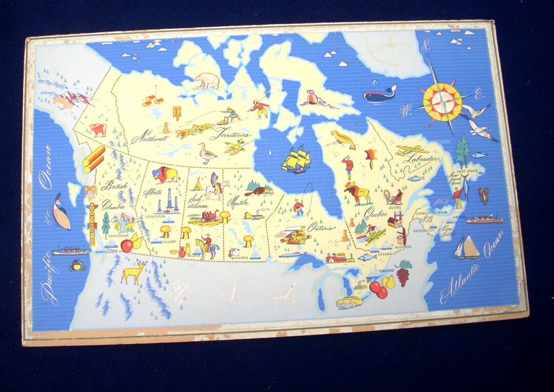 Unusual Vintage Colourful Map of Canada, Circa 50's-60's, Showing ...