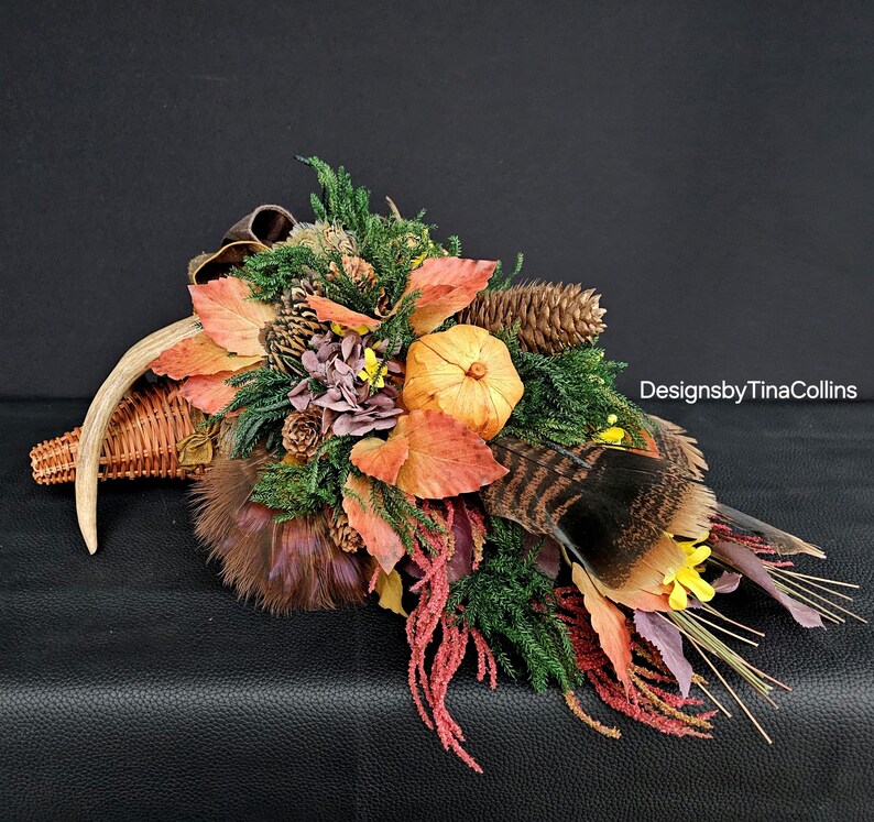 Cornucopia-rustic Cornucopia Arrangement: Antler and Dried Floral ...