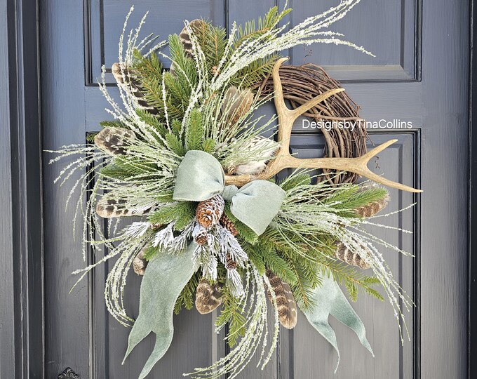 Antler Wreaths-lodge Wreath-cabin Wreath-hunters Wreath-christmas ...