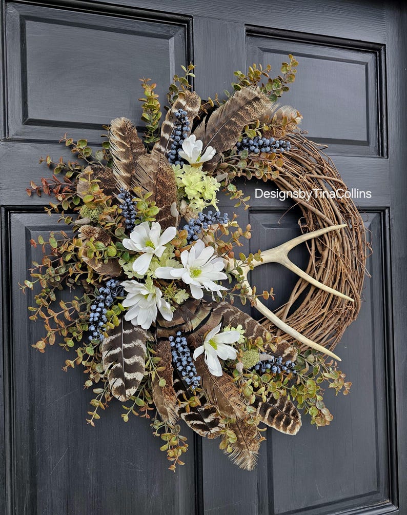 Mule Deer Antler Wreath: Spring Summer Cabin Floral With Turkey ...