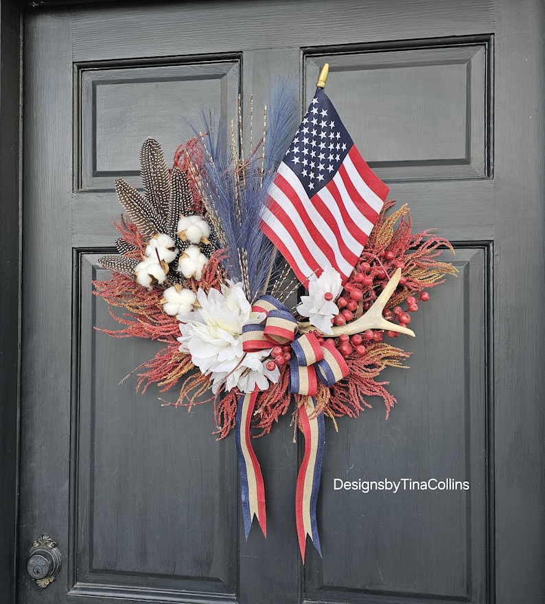 Rustic Patriotic Wreath With Antler and American Flag - Etsy