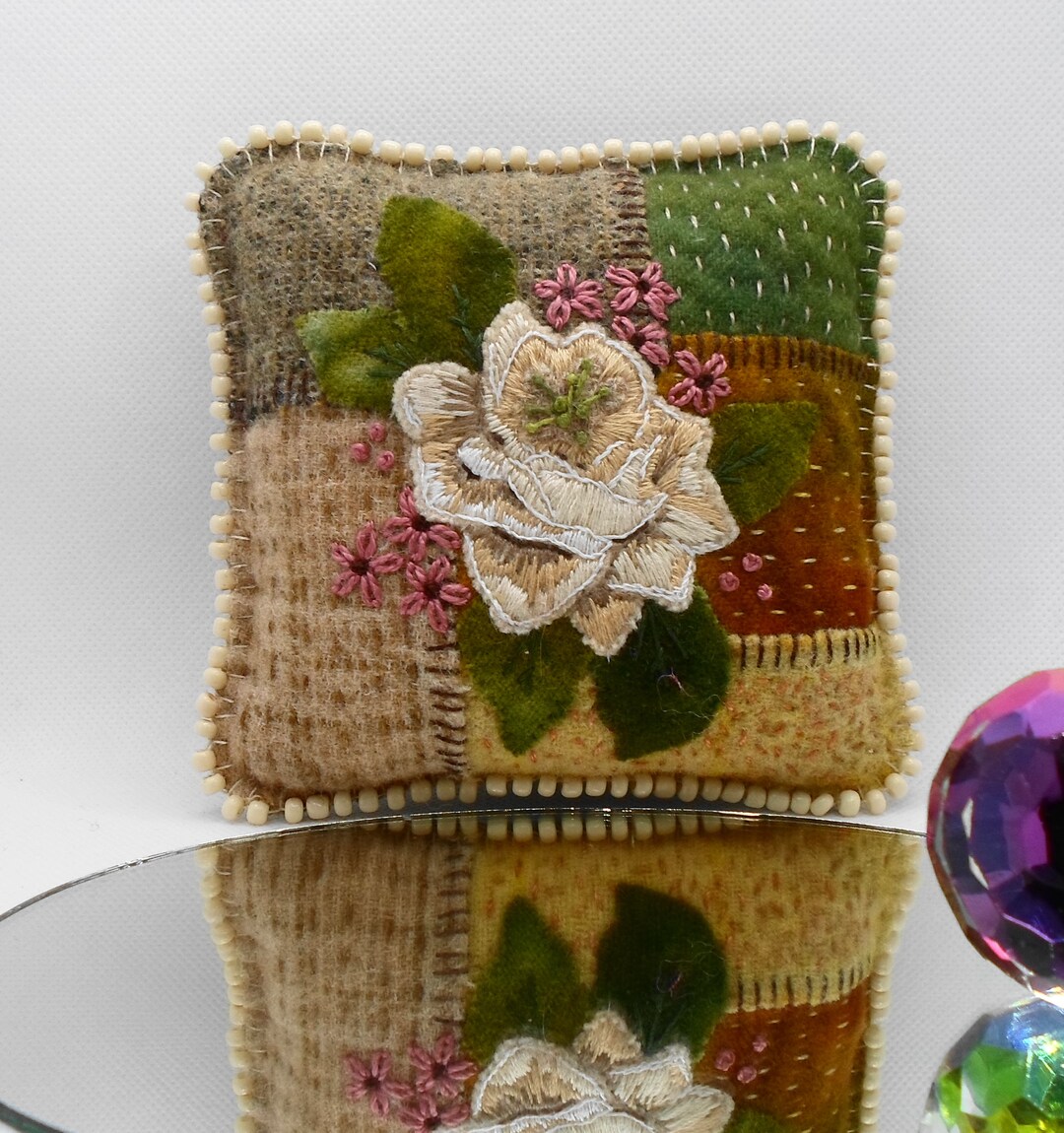 Handmade Square Pin Cushion Tan Green Up-cycled Felted Wool Embroidered ...