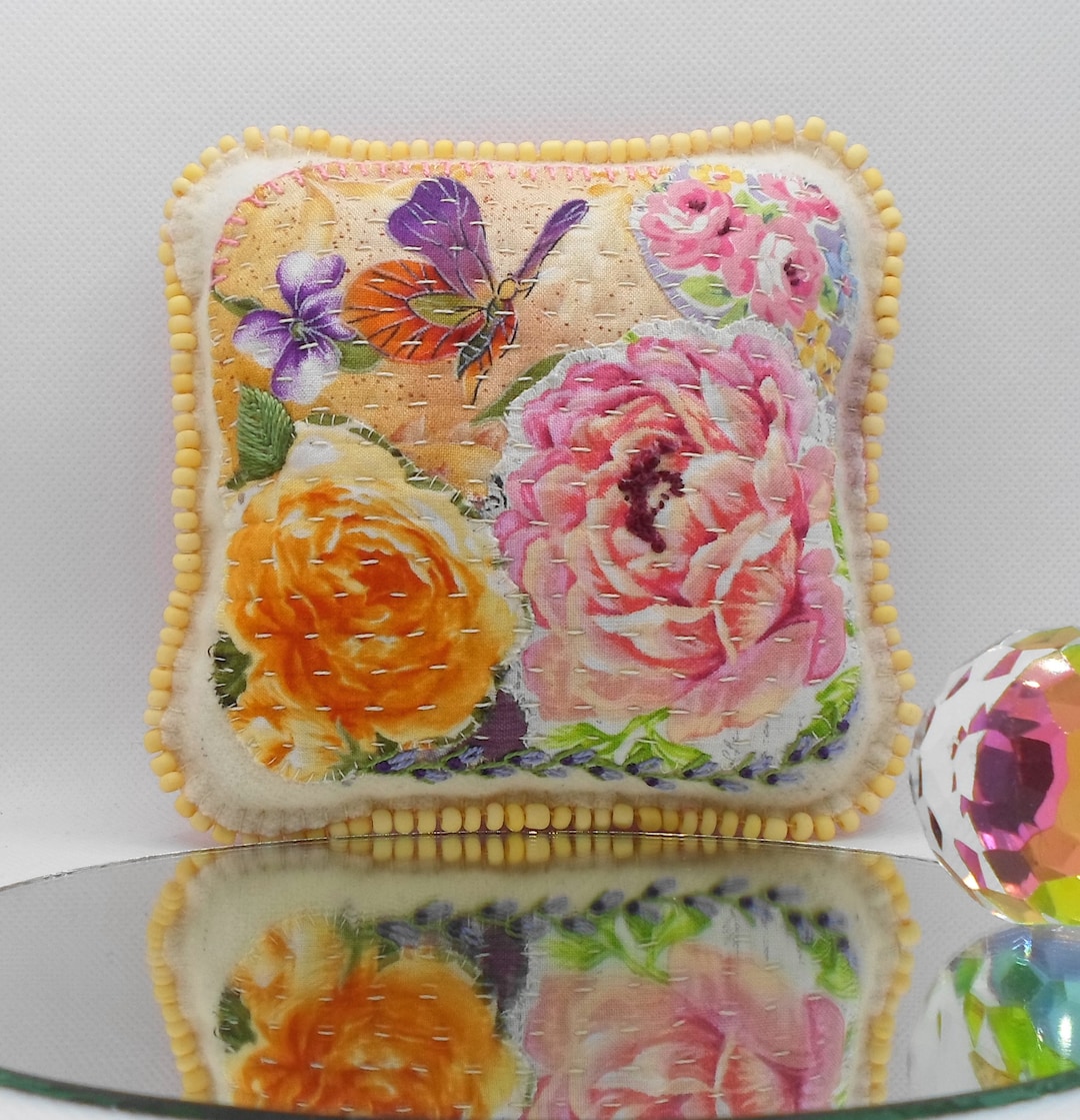 Handmade Square Pin Cushion off White Up-cycled Felted Wool Embroidered ...