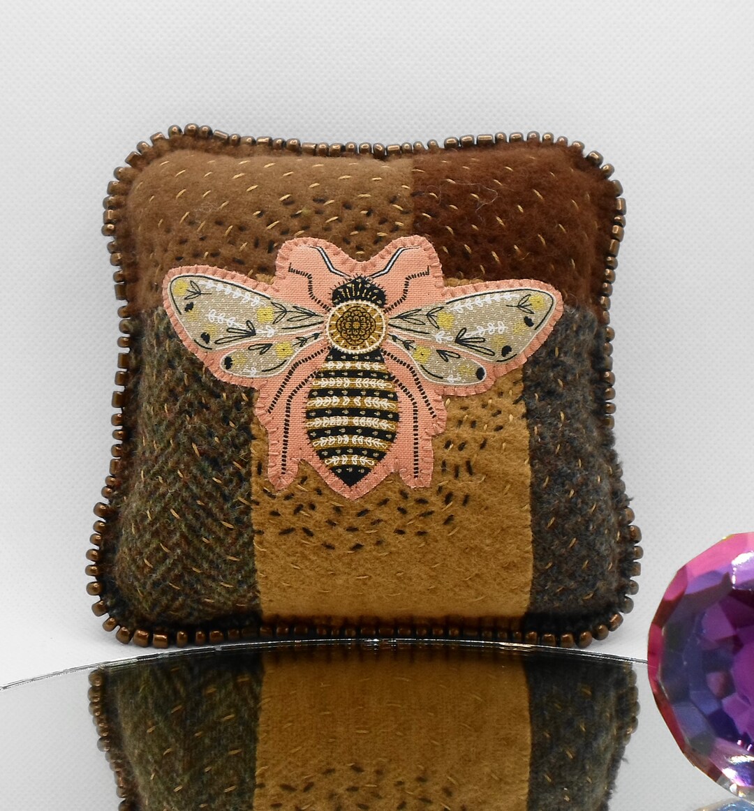 Handmade Square Pin Cushion Brown Up-cycled Felted Wool Embroidered ...