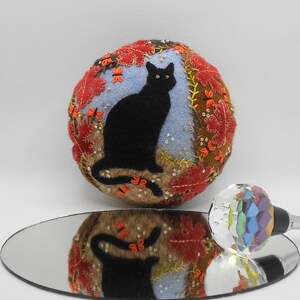 Handmade Black Cat in an Autumn Garden Felted Wool Embroidered Crazy ...
