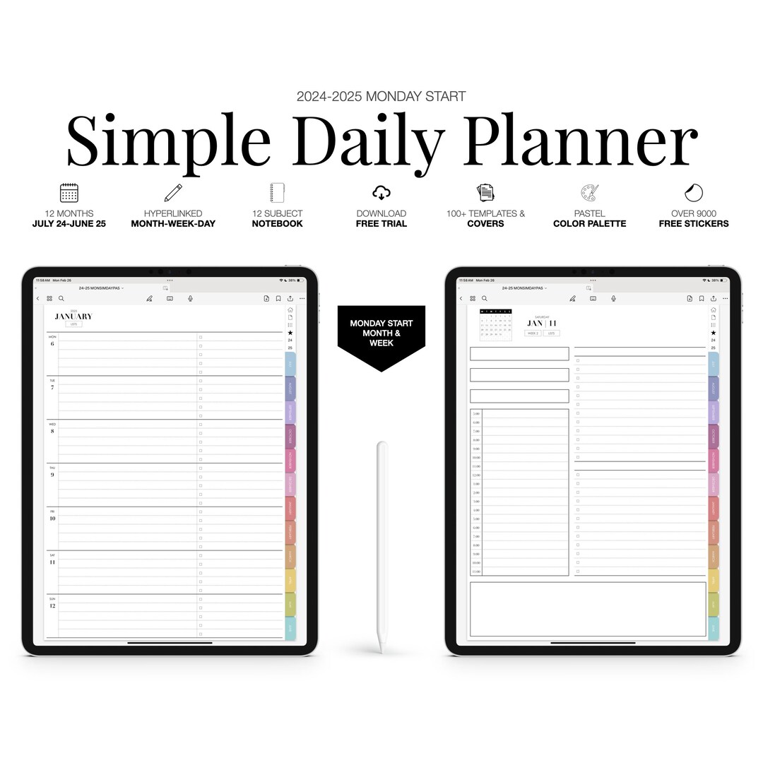 Monday Start 2024-2025 MID YEAR Simple Daily Digital Planner & 12 ...