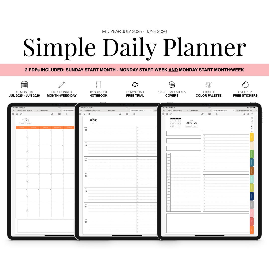 2025-2026 Mid Year Simple Daily Digital Planner & 12 Subject Notebook ...