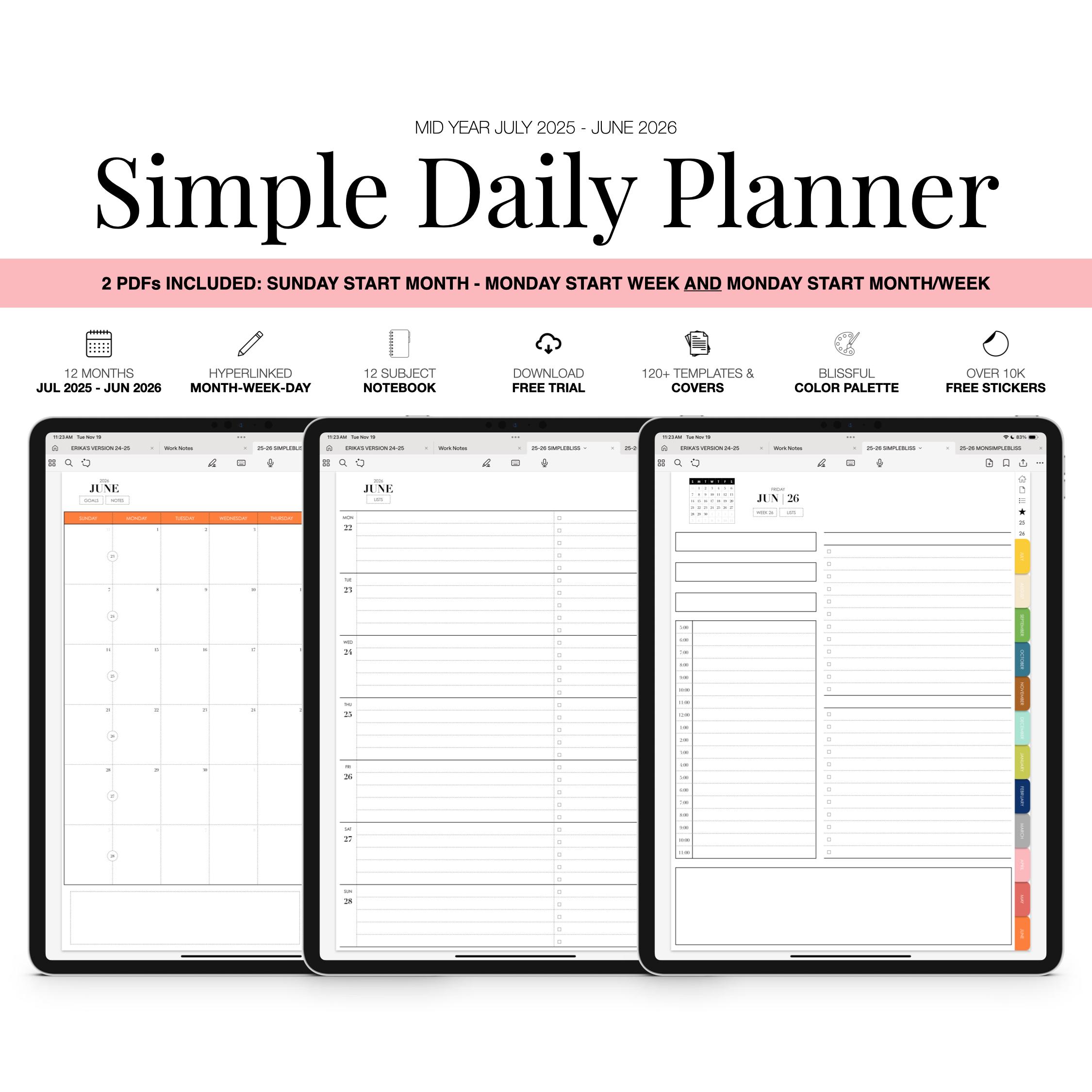 2025-2026 Digital Planner | Simple | Mid Year July-june | for Goodnotes ...