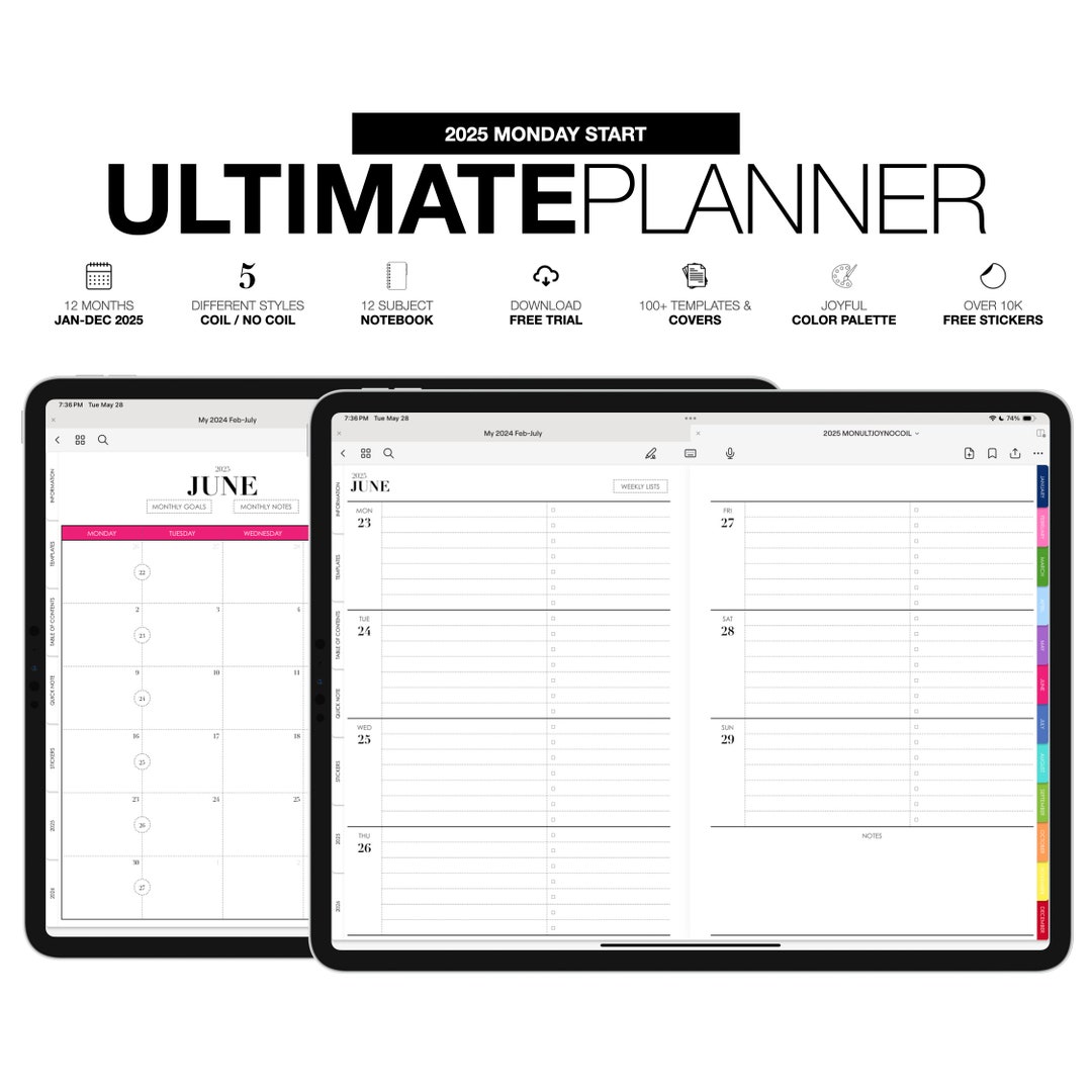 2025 MONDAY START Ultimate Digital Planner | 12 Subject Notebook ...