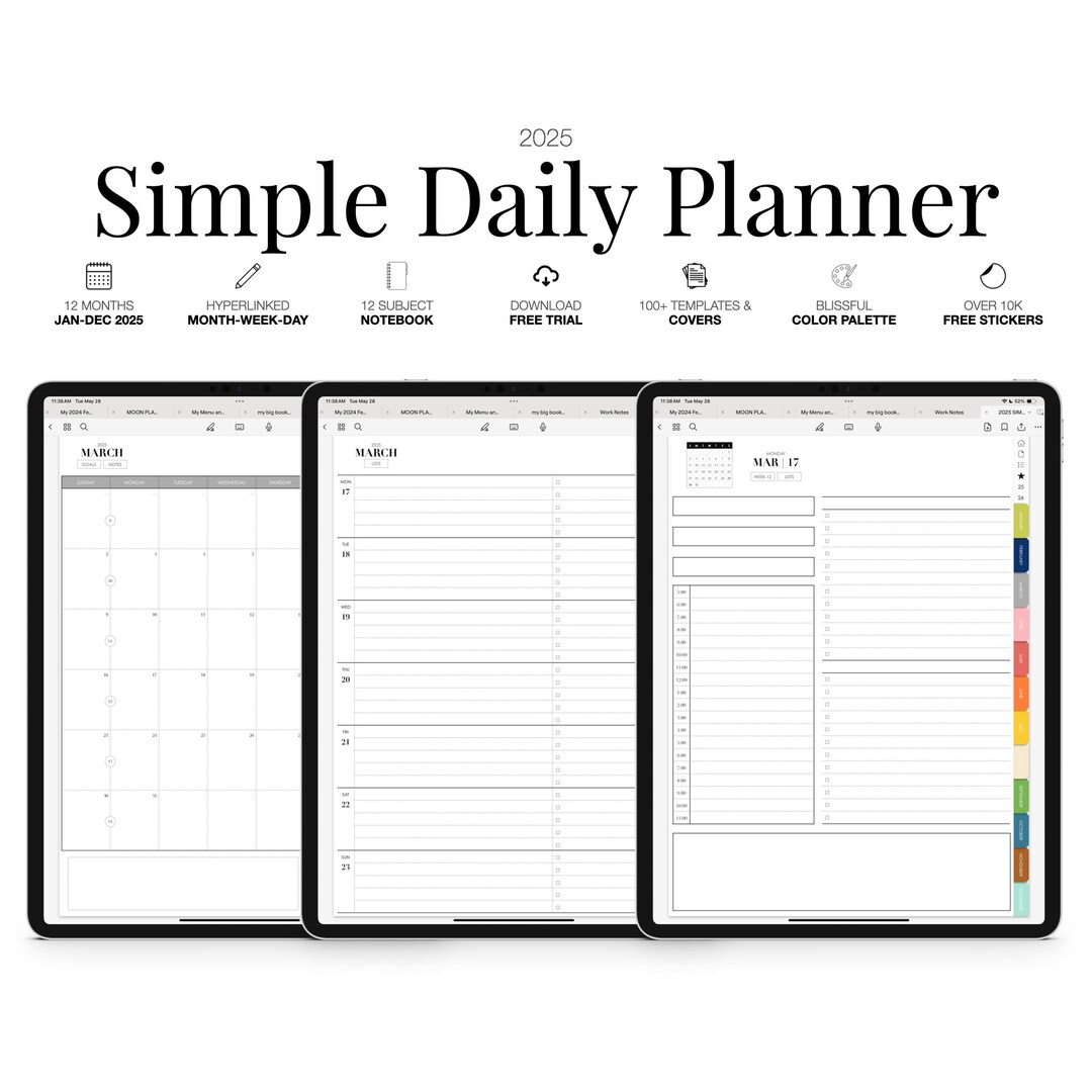 2025 Simple Daily Digital Planner & 12 Subject Notebook | Monthly ...