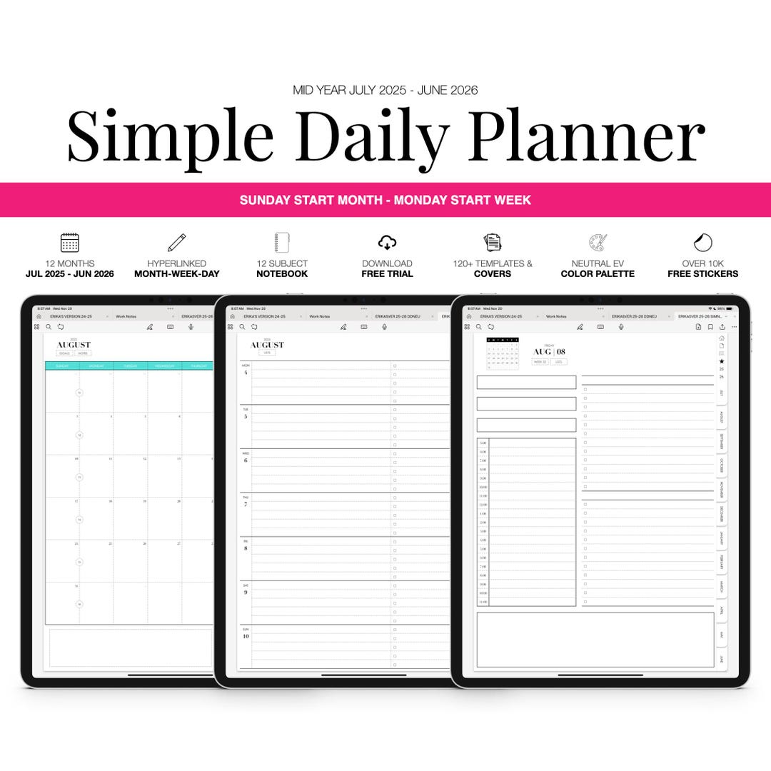 2025-2026 Digital Planner | Simple | Mid Year July-june | for Goodnotes ...