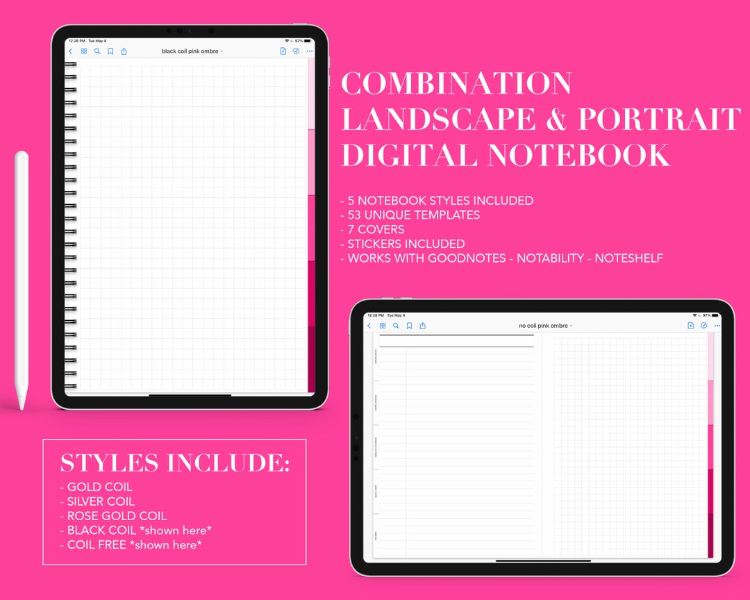 5 Subject Digital Notebook | 53 Templates | Landscape or Portrait | for ...
