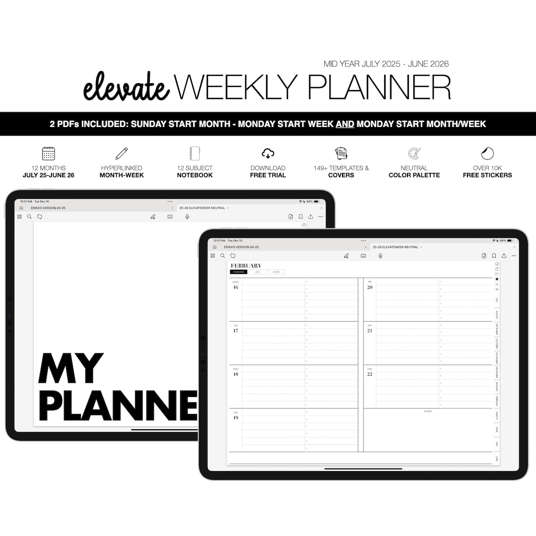 2025-2026 Elevate Weekly Digital Planner & 12 Subject Notebook Monthly ...