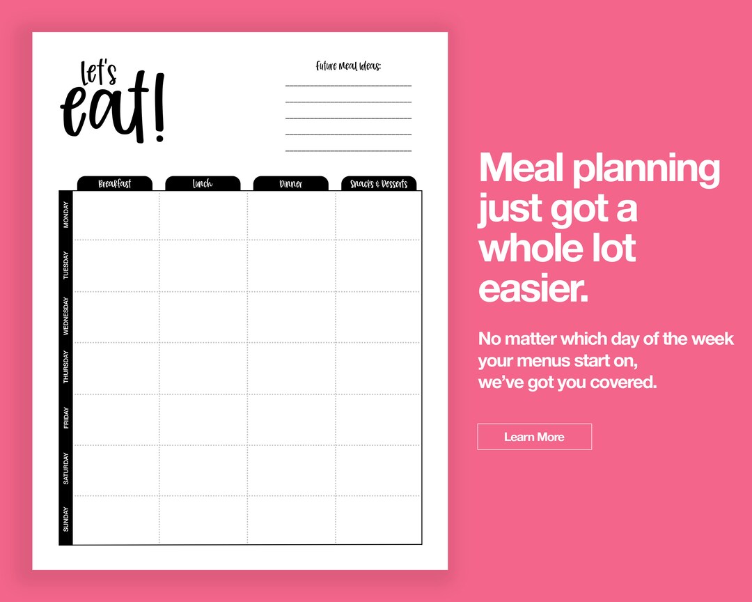 Printable Weekly Meal Planner Letter Size Black and White Instant ...