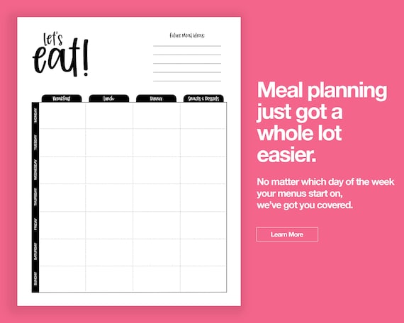 Printable Weekly Meal Planner Letter Size Black and White | Etsy