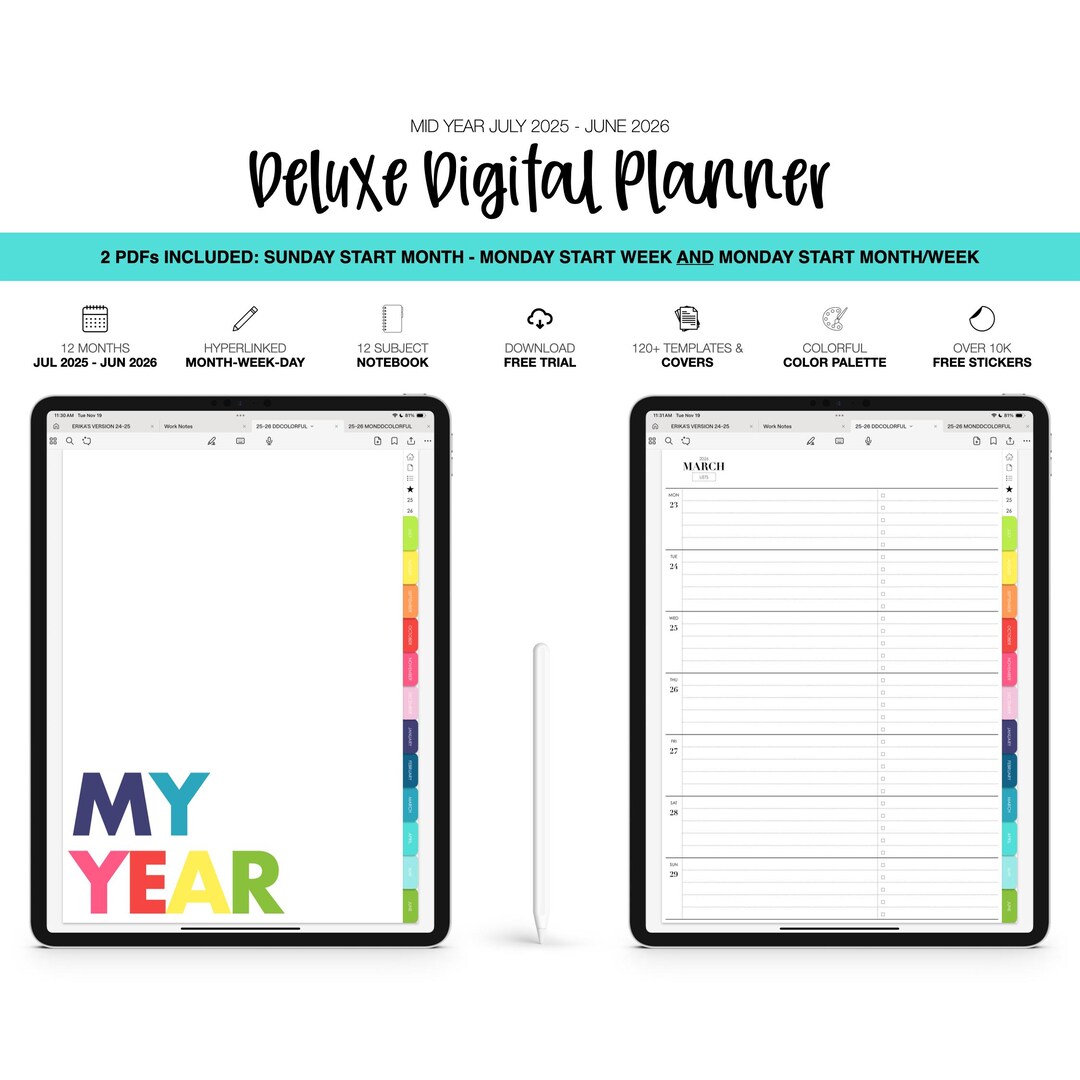 2025-2026 Mid Year Deluxe Digital Planner & 12 Subject Notebook ...