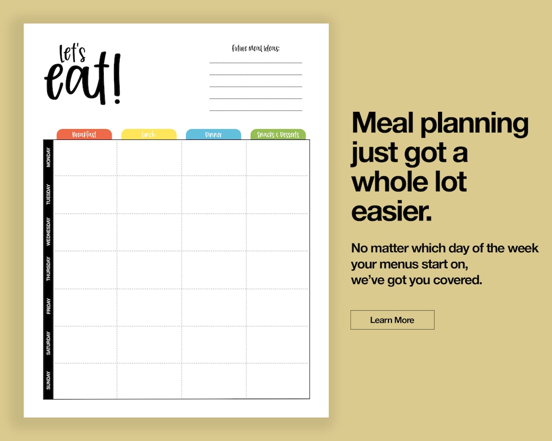 Printable Weekly Meal Planner - Letter Size | Color | Instant Download ...