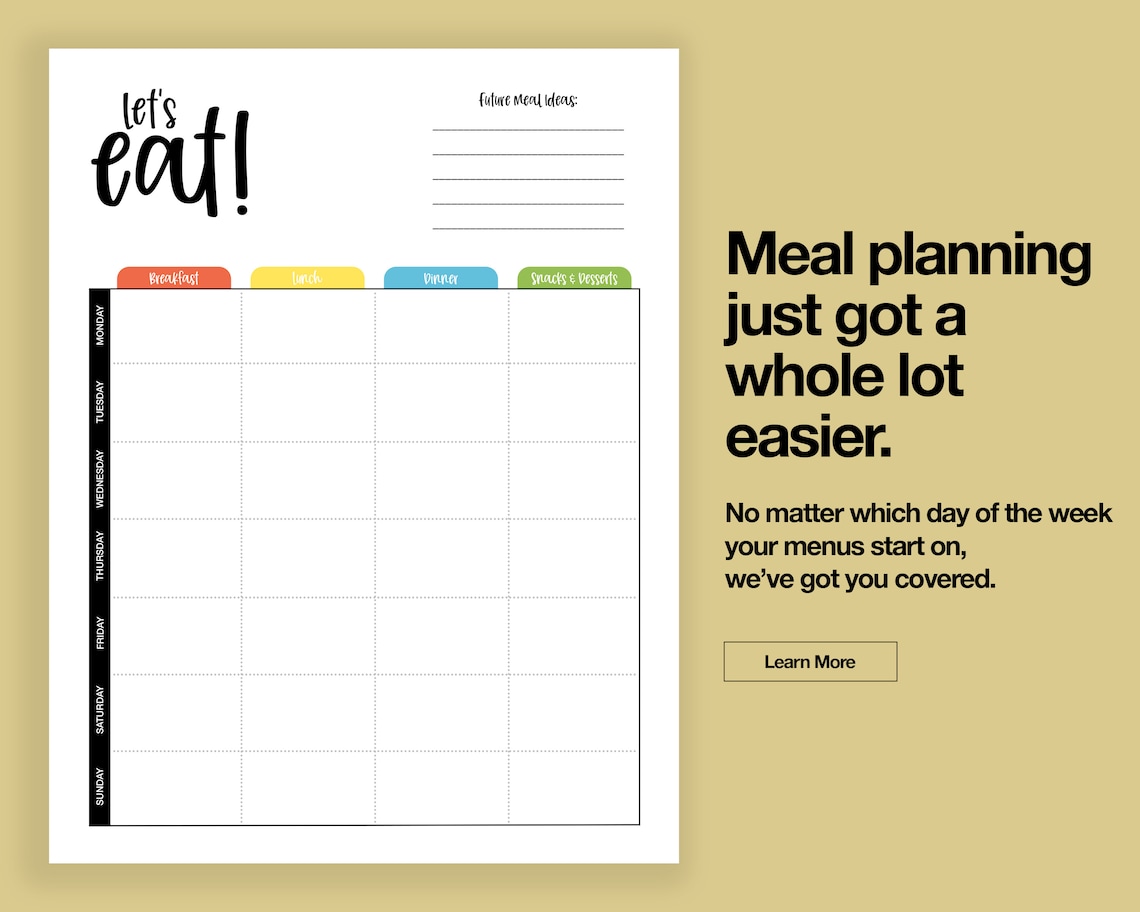 Printable Weekly Meal Planner Letter Size Color Instant - Etsy