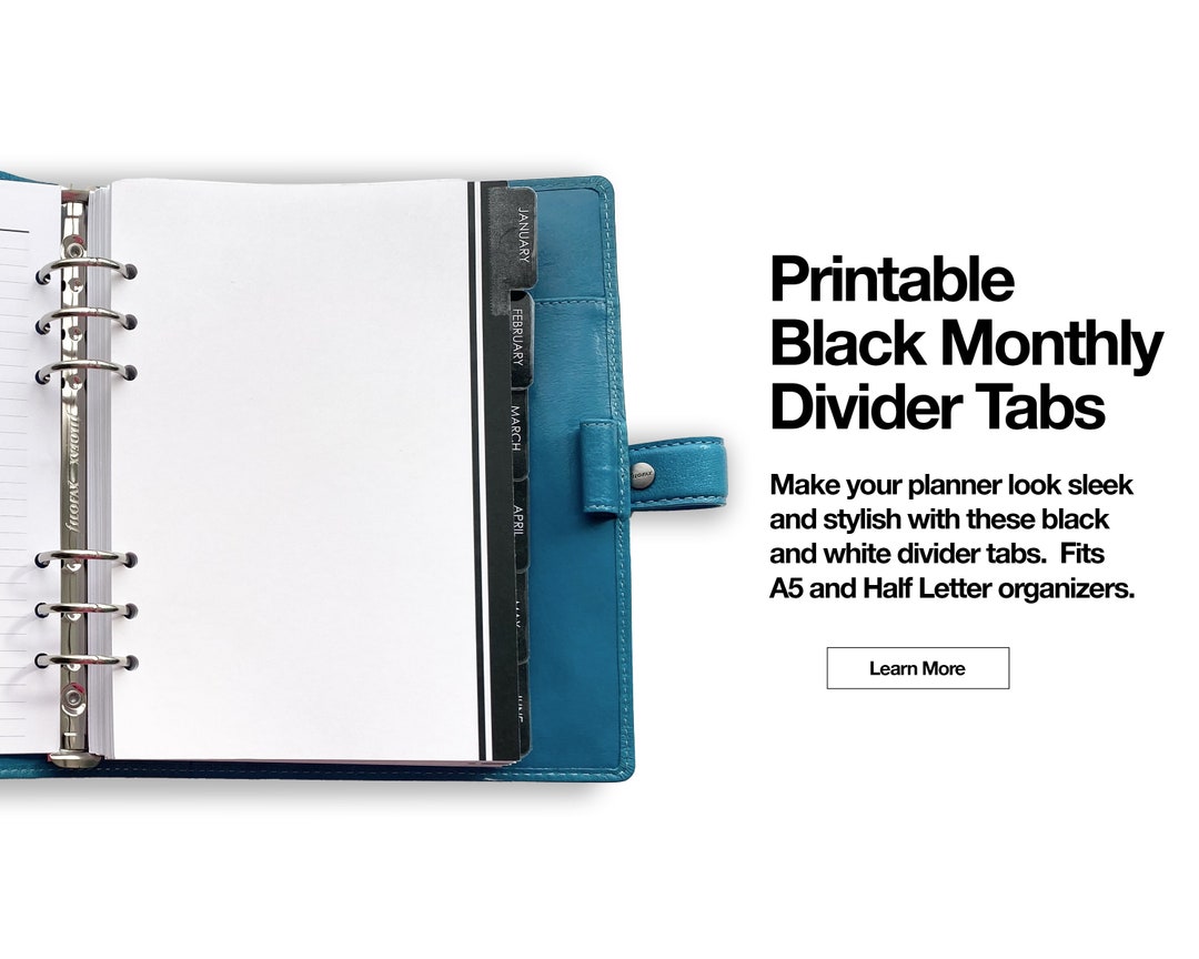 Printable Monthly Divider Tabs for A5 or Half Letter Planners - Black ...