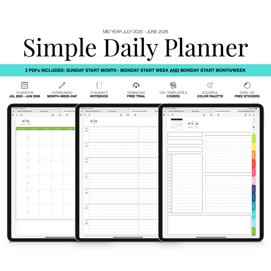 2025-2026 Mid Year Simple Daily Digital Planner & 12 Subject Notebook ...