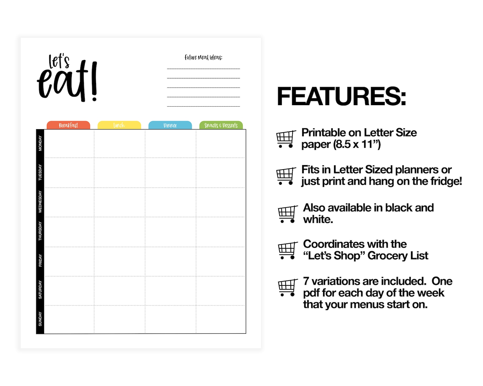 Printable Weekly Meal Planner Letter Size Color Instant | Etsy