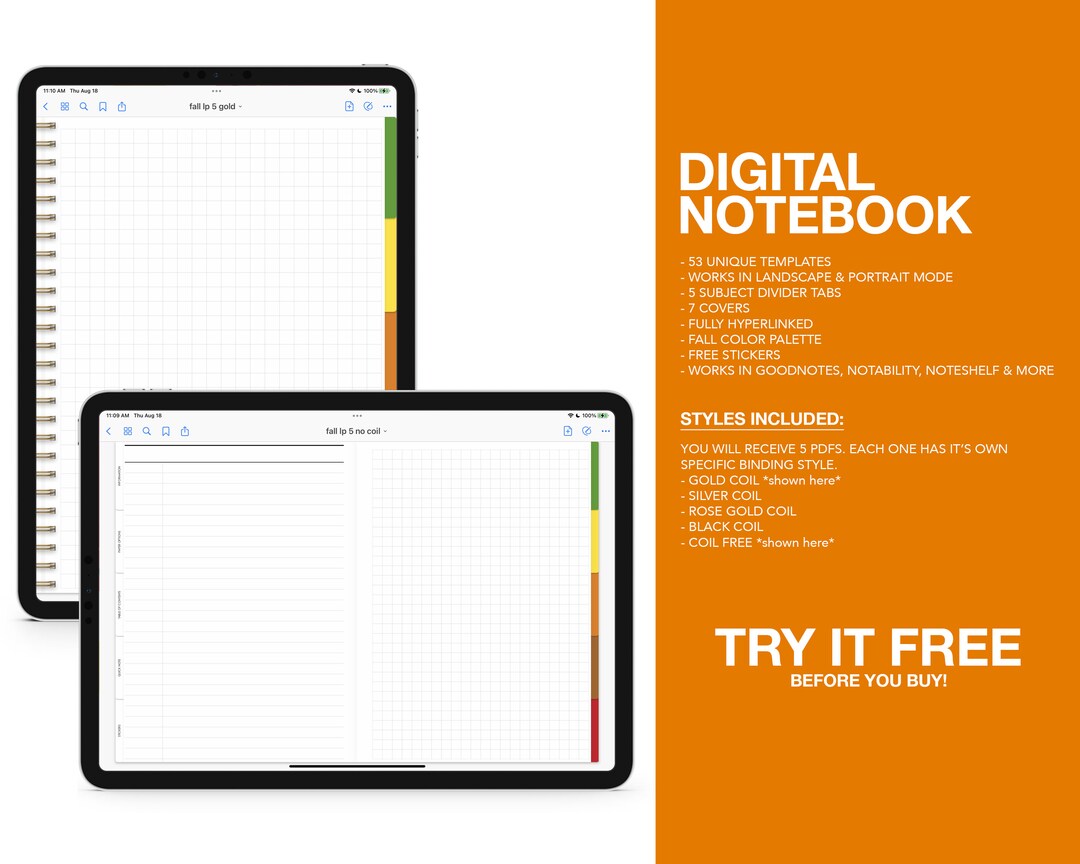 Digital Notebook 5 Subject - 5 Styles - 53 Templates - Landscape or ...