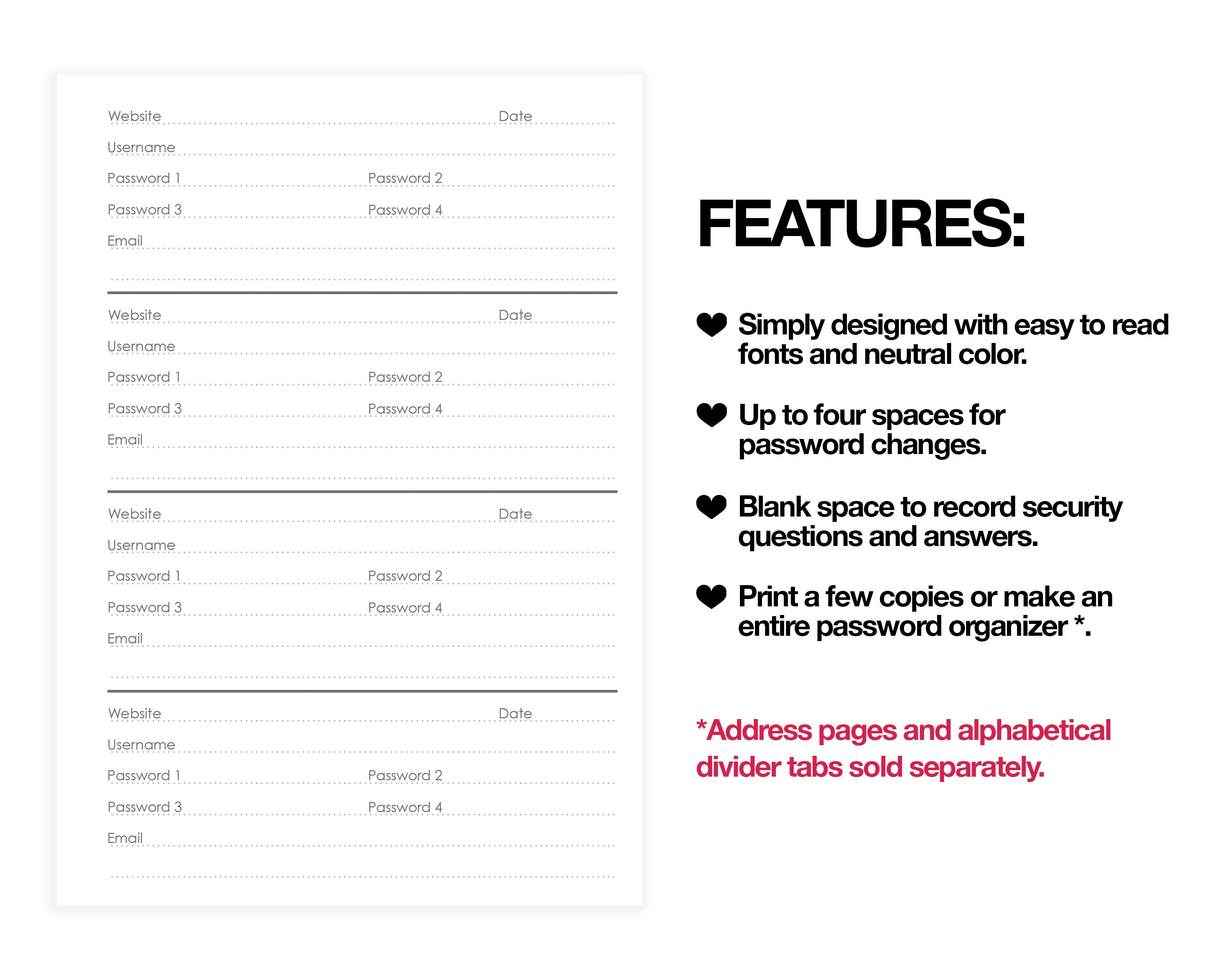 Printable Password Pages - A5 | Half Letter | Instant Download - Etsy