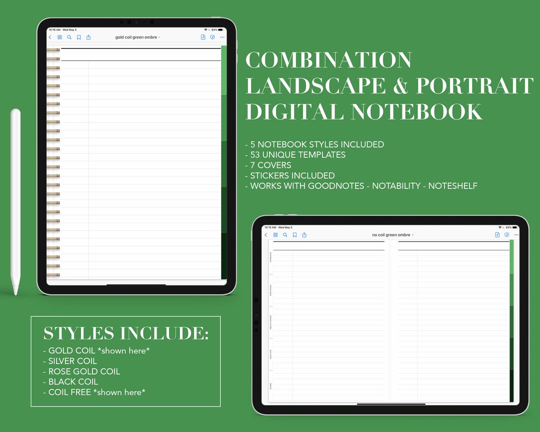 Digital Notebook 5 Subject - 5 Styles - 53 Templates - Landscape or ...