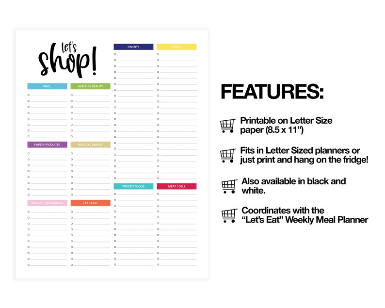 Printable Grocery & Shopping List Letter Size Color - Etsy