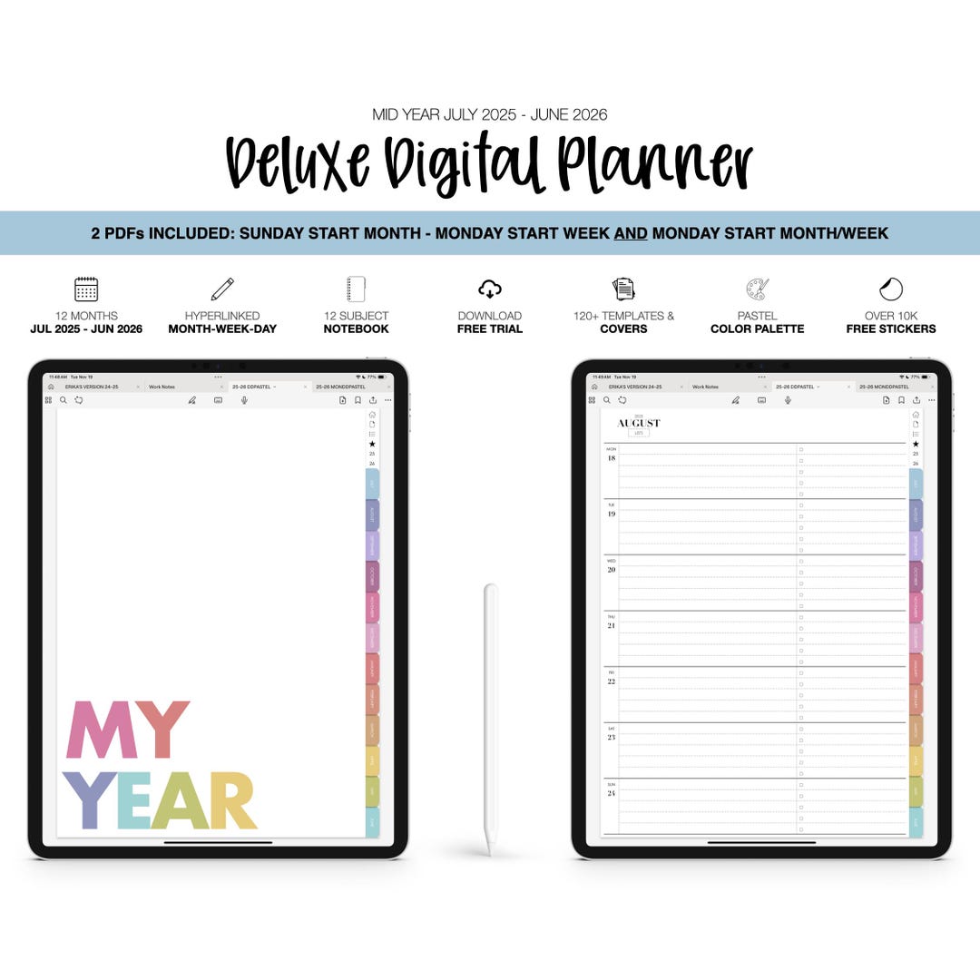 2025-2026 Mid Year Deluxe Digital Planner & 12 Subject Notebook ...