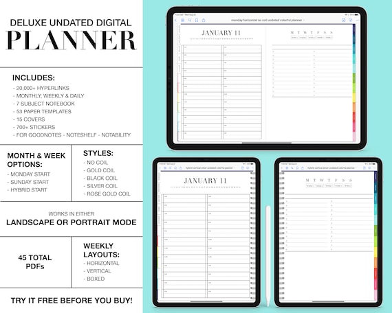 Calendars & Planners Digital Planner Hyperlinked Notability Horizontal ...