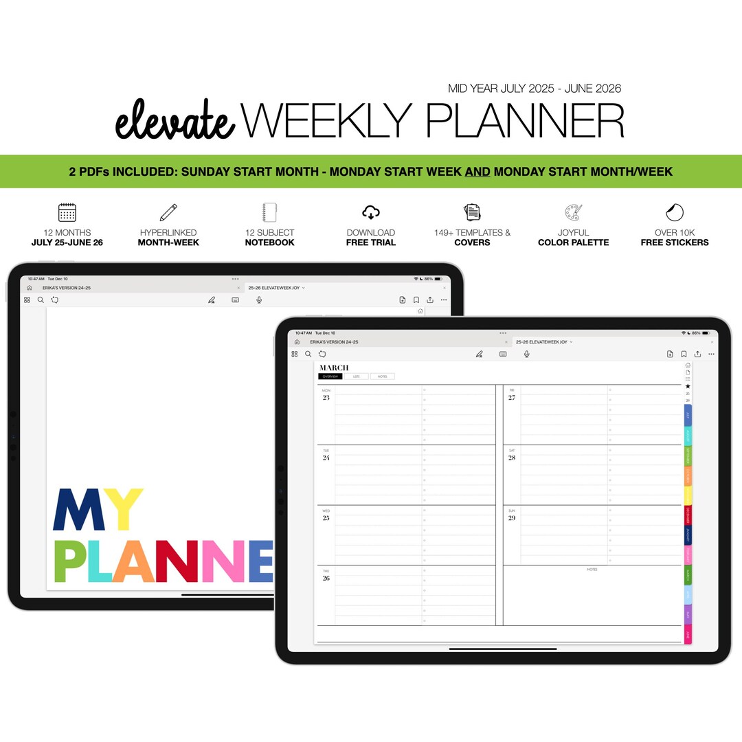 2025-2026 Mid Year Elevate Weekly Digital Planner & 12 Subject Notebook ...