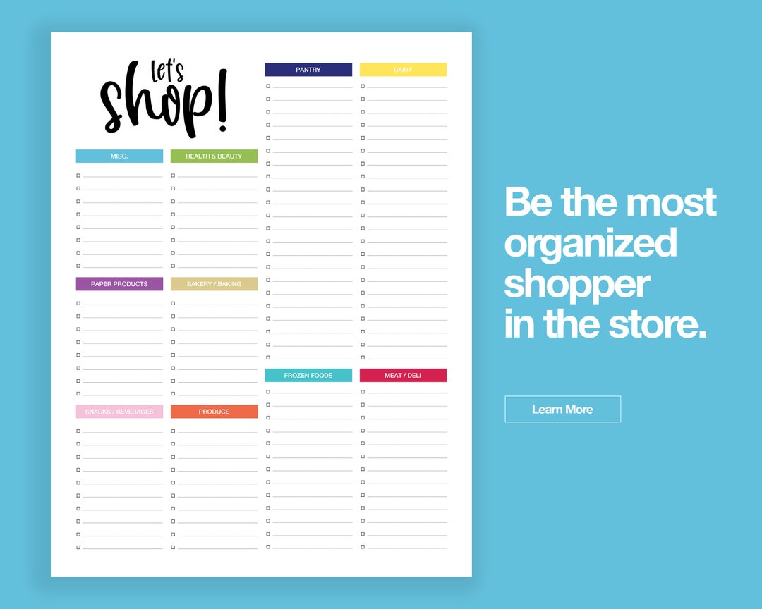 Printable Grocery & Shopping List - Letter Size | Color | Instant ...