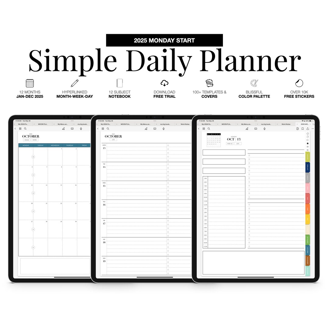 2025 MONDAY START Simple Daily Digital Planner & 12 Subject Notebook ...