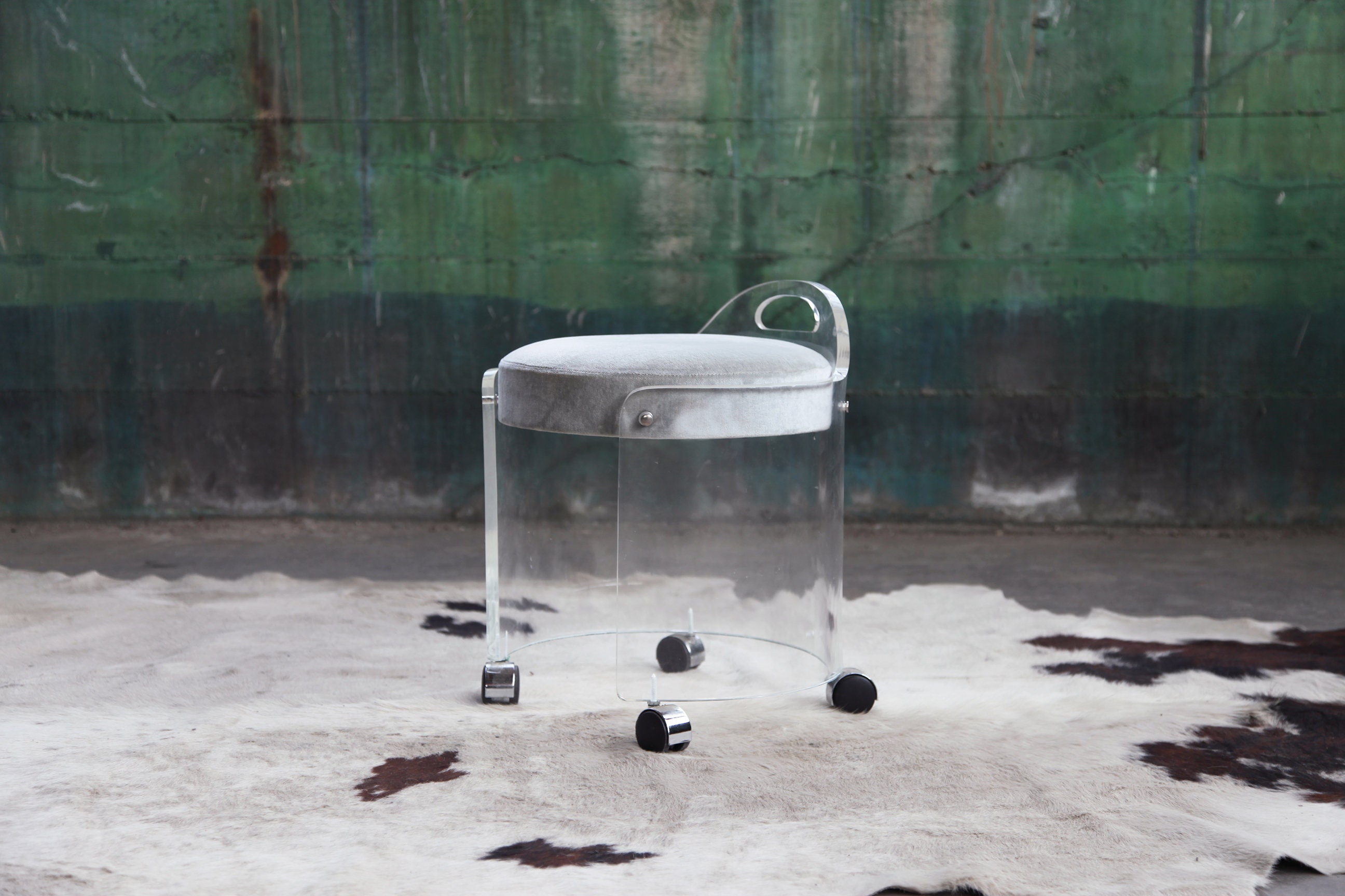 Postmodern 80s Lucite and Light Grey Velour Vanity Stool on Casters by ...