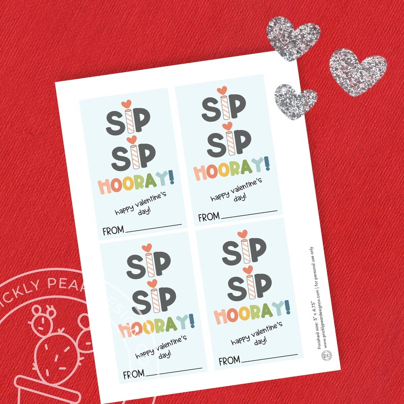 Sip Sip Hooray Valentines Card, Drink Pouch Valentine Tag, Kids ...