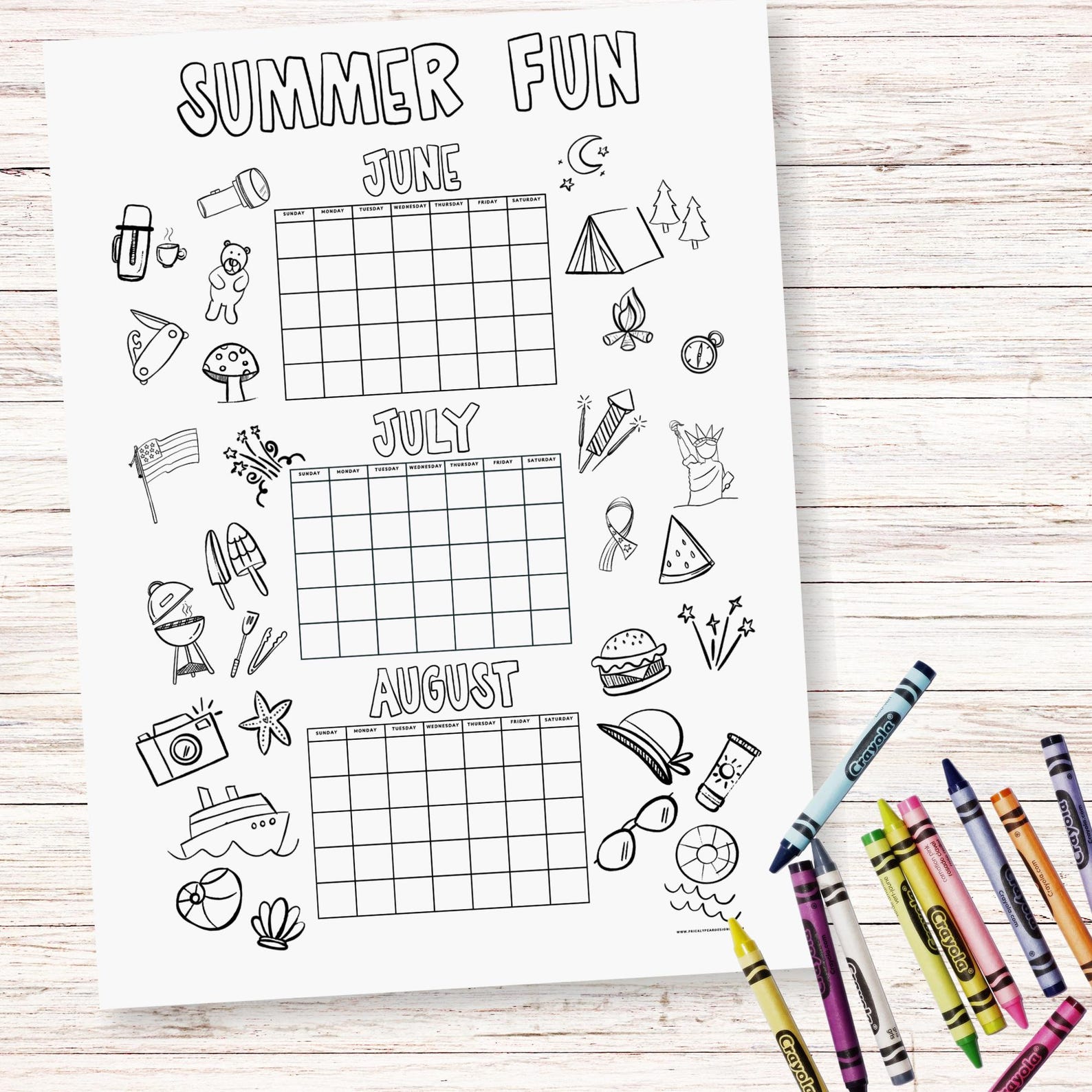 Summer Fun Wall Calendar: Undated Bucket List, Coloring Page (digital ...