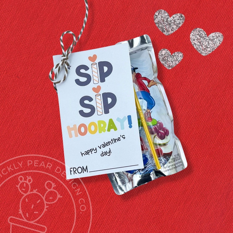 Sip Sip Hooray Valentines Card, Drink Pouch Valentine Tag, Kids ...