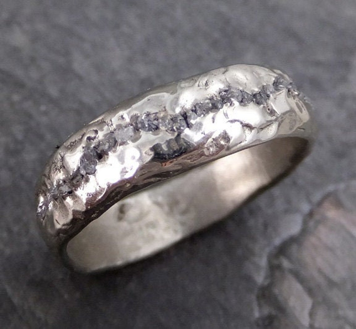 Raw Rough Diamond Men's Wedding Band 14k White Gold Black - Etsy