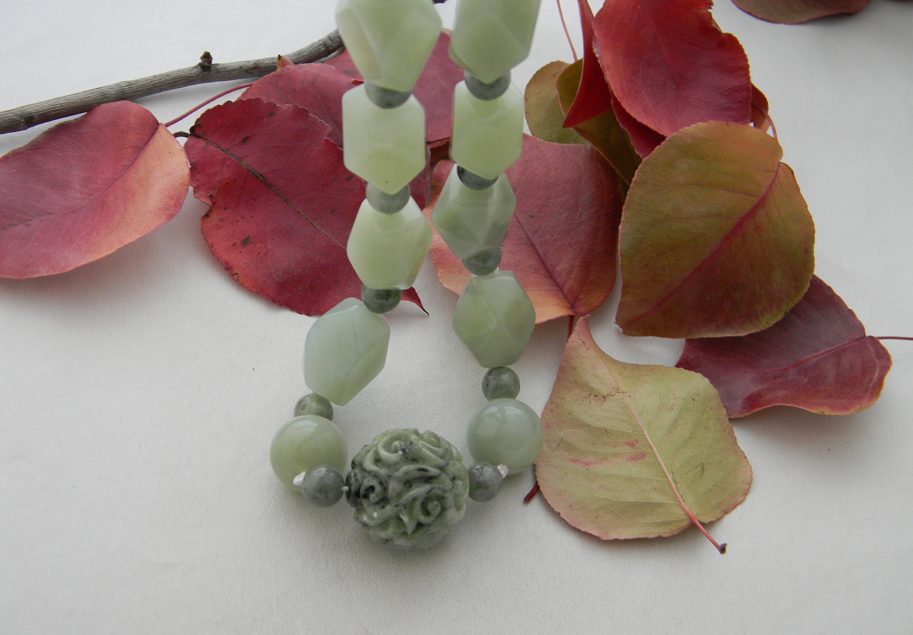 Carved Jade Bead Pendant on Large Celadon Jade Beads Necklace , Silk ...