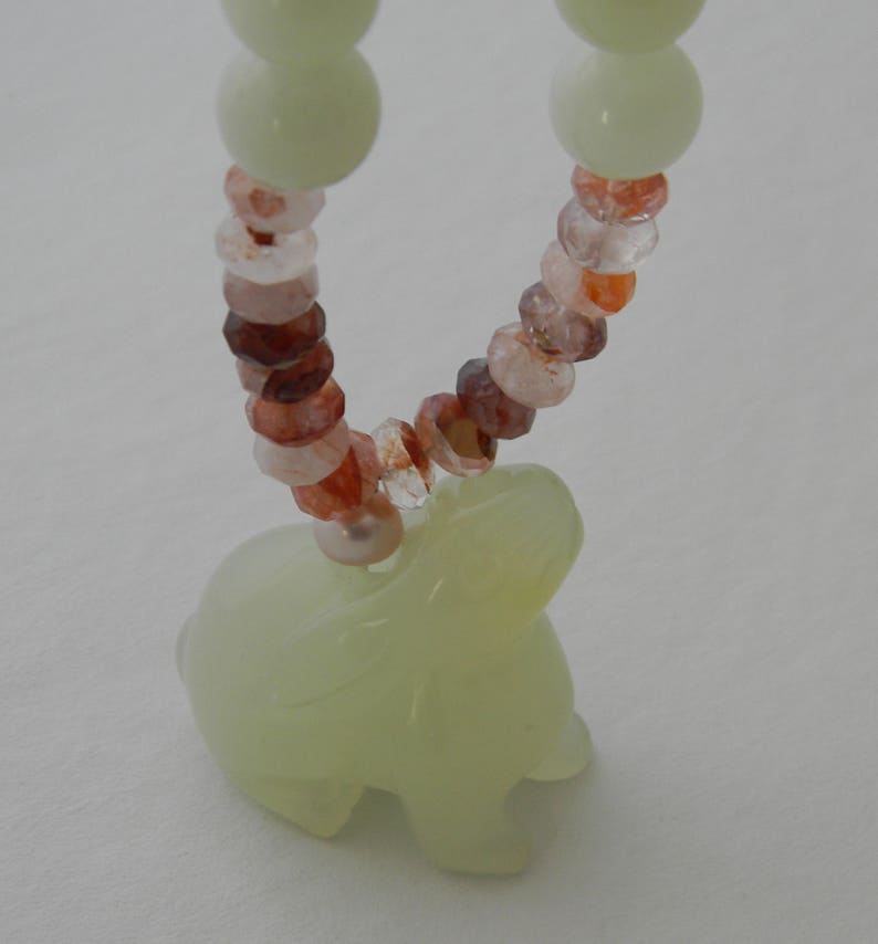 Jade Rabbit Pendant W Jade & Strawberry Quartz Beads Necklace , Beaded ...