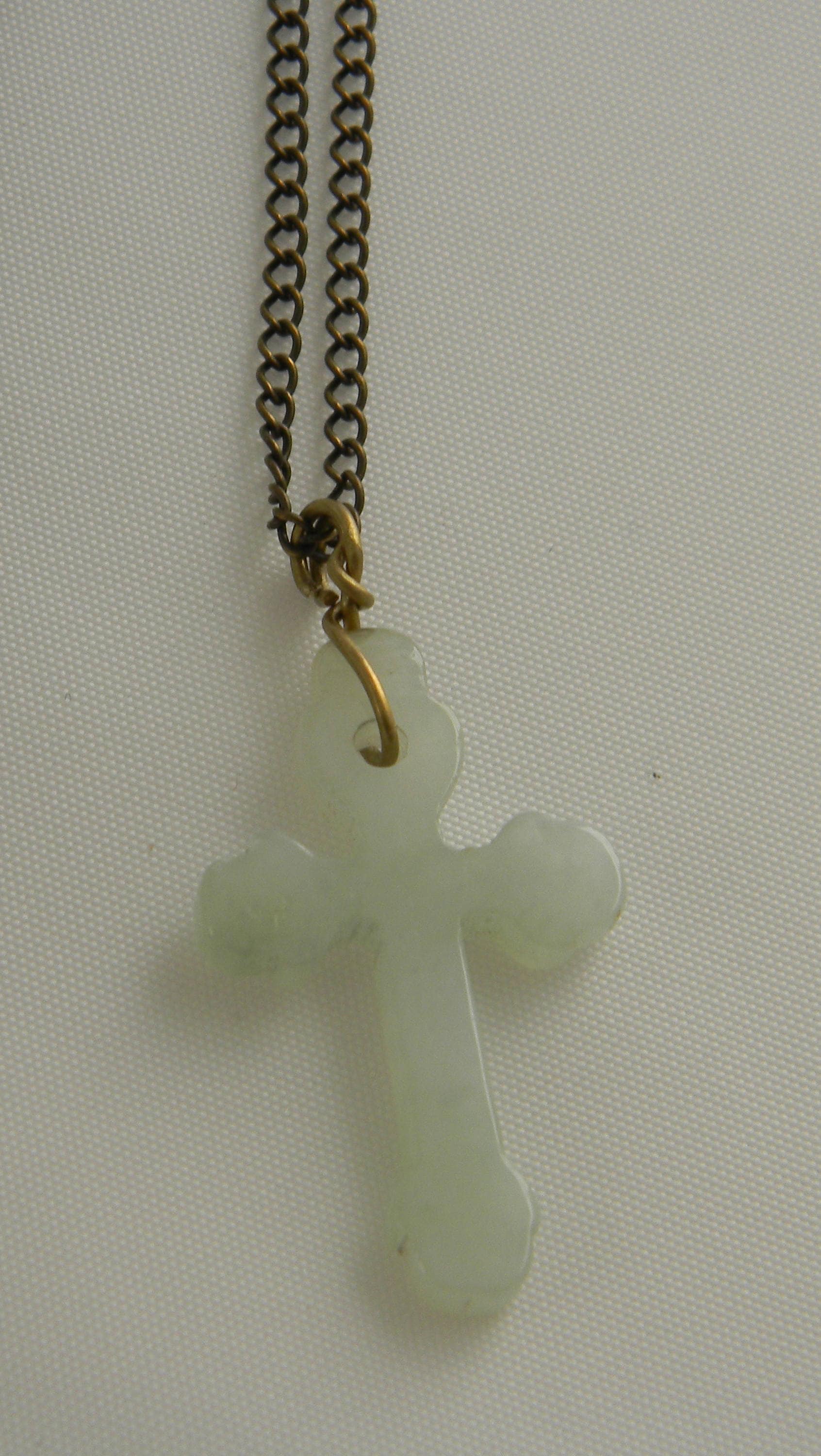 Blue Jade Cross Pendant & Brass Chain Necklace , Christian Religious ...